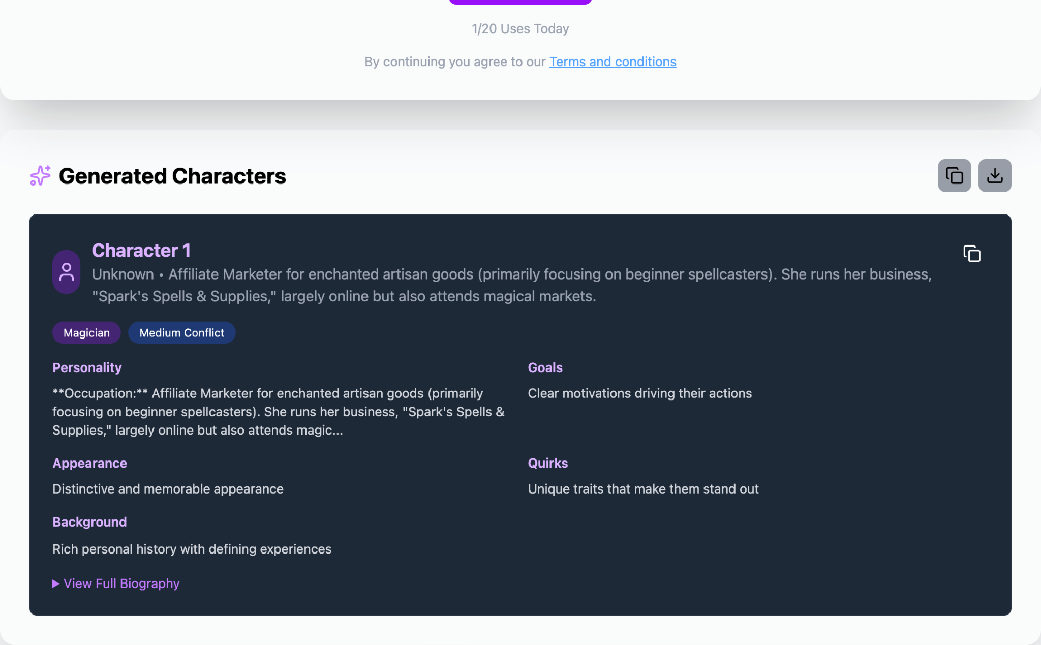 Character Bio Generator